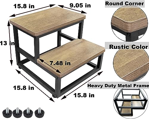 TSTWETO Step Stools for Adults, 2 Step Stool for Kids, Wooden Bed Steps for High Beds, Heavy Duty Wood Bedside Stepping Stool for Kitchen Bathroom, Hold Up to 550 Lbs Capacity-Brown