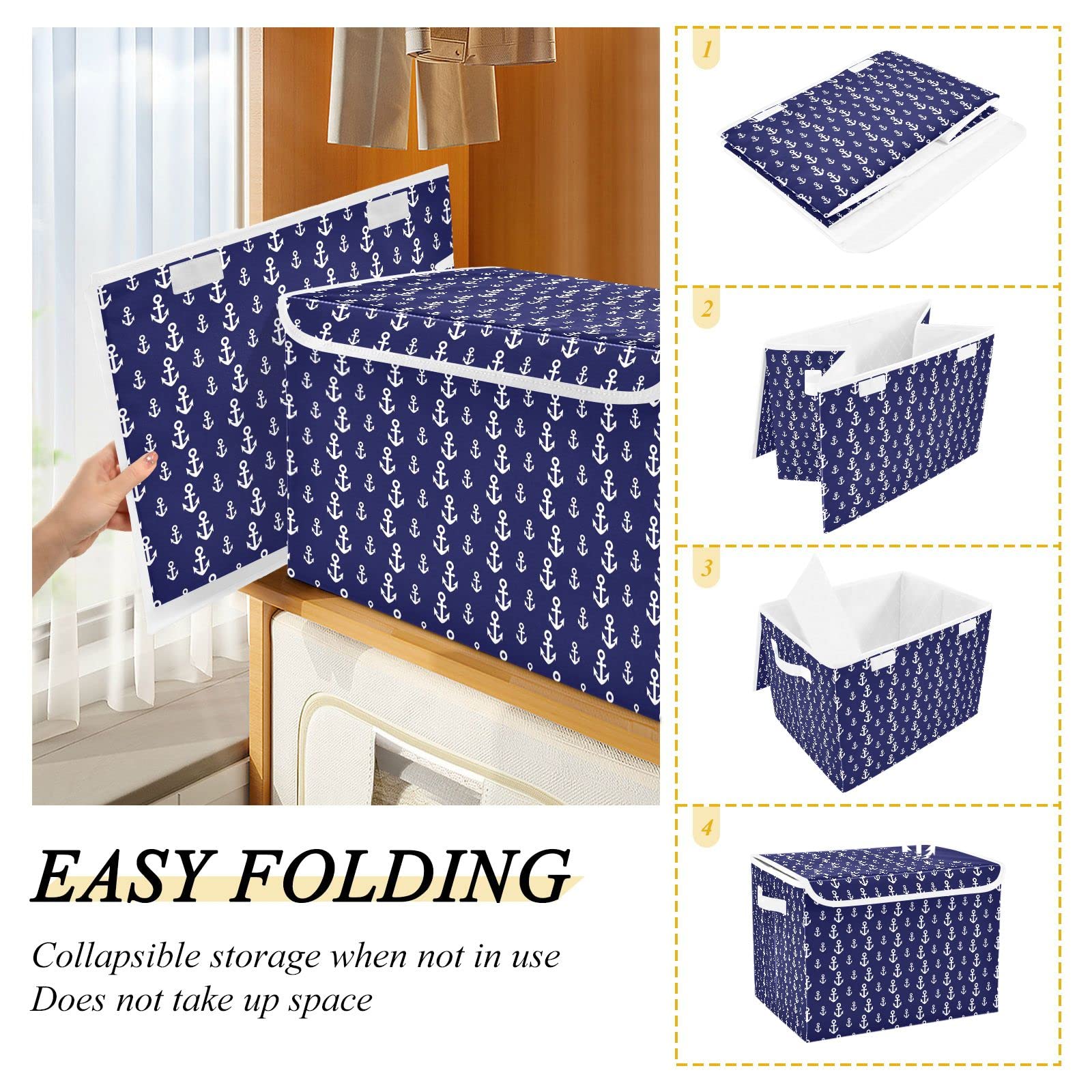 Kigai Storage Basket Nautical Anchor Blue Storage Boxes with Lids and Handle, Large Storage Cube Bin Collapsible for Shelves Closet Bedroom Living Room, 16.5x12.6x11.8 In