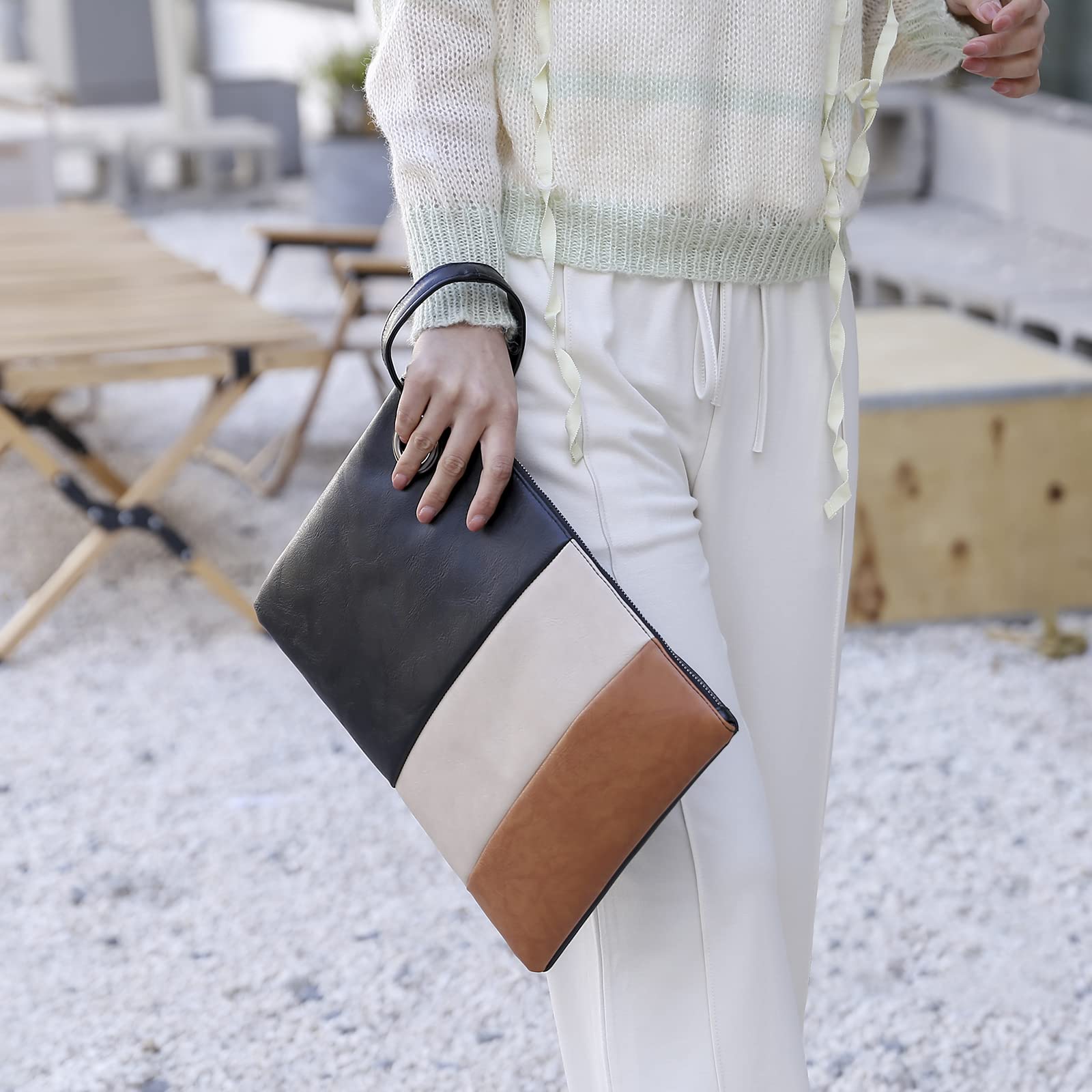 KlaOYer Large Colorblock Soft Pu Leather Wristlet Clutch Bag For Women Designer Large Wallet Evening Purse with Round handle (Brown-White-Grey)