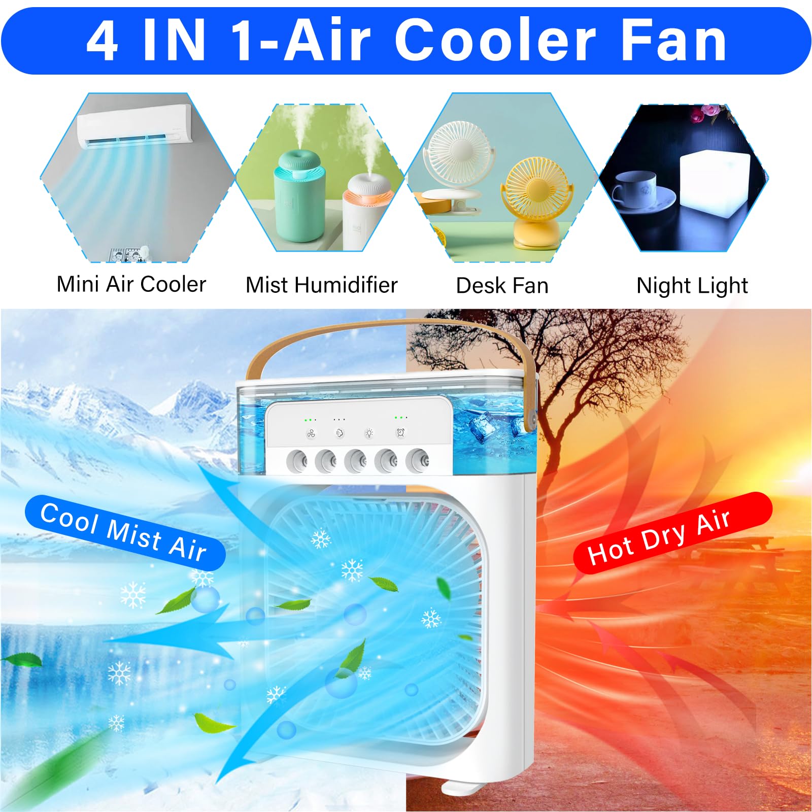Portable Air Conditioners - Small Portable AC Quiet Personal Air Cooler,USB Powered Mini Desktop Cooling Misting Fan, 1/2/3 H Timer, 3 Speeds,360°Adjustment,for Office, Home, Room,Desk,Car - White