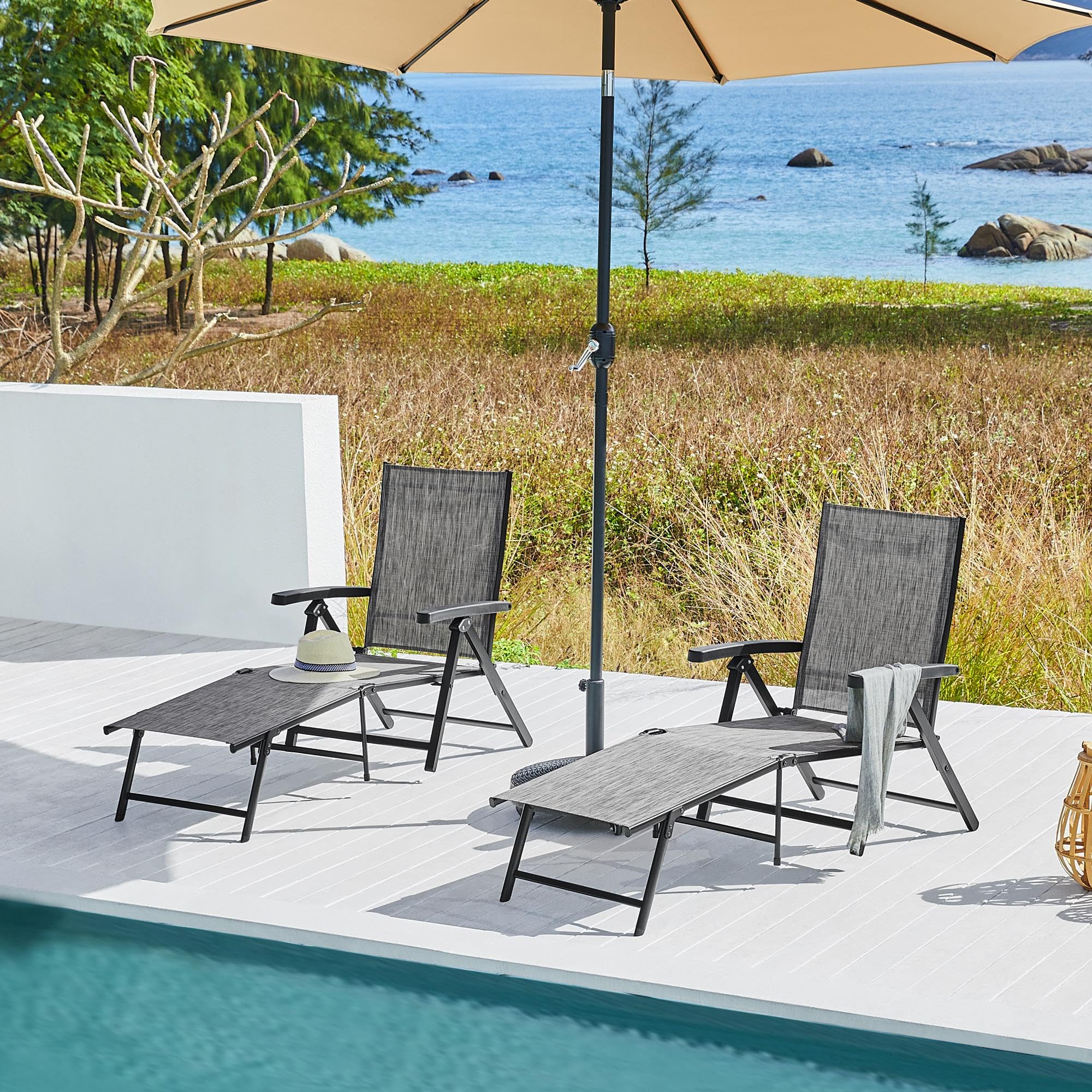 Yaheetech Outdoor Folding Chaise Lounge Set of 2 Patio Reclining Chairs w/Adjustable 7-Position Back for Beach Pool Garden Yard Deck Gray