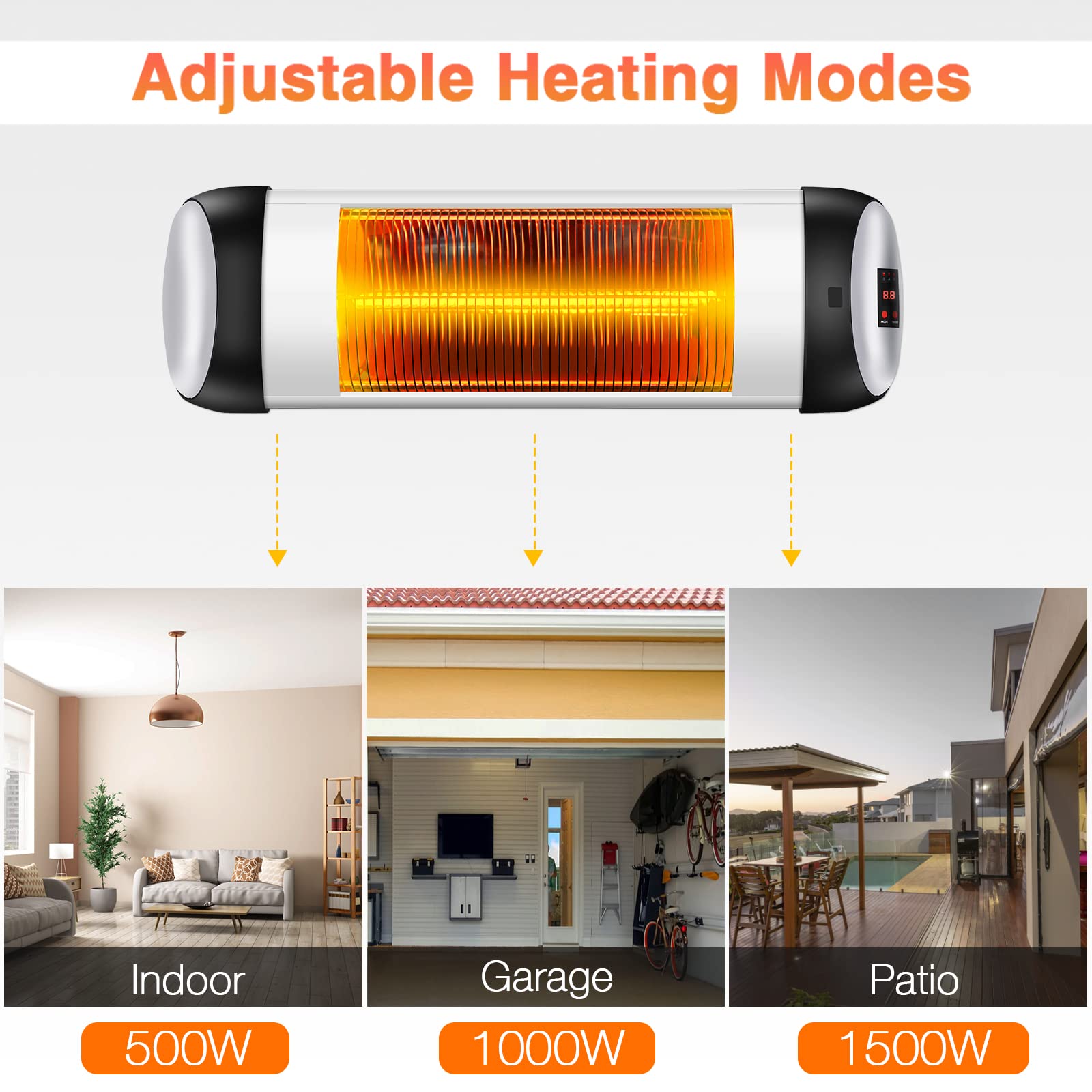 Outdoor Patio Heater, Trustech Infrared Heater with1500W, Remote Control and Timer, Indoor/Outdoor Heater with Overheat Shut Off Protection, Quiet Operation for Patio Use, Backyard,Garage,Wall Mount