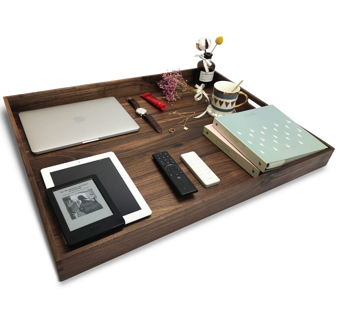 MAGIGO 30 x 24 Inches Extra Large Rectangle Black Walnut Wood Ottoman Tray with Handles, Serve Tea, Coffee Classic Wooden Decorative Serving Tray