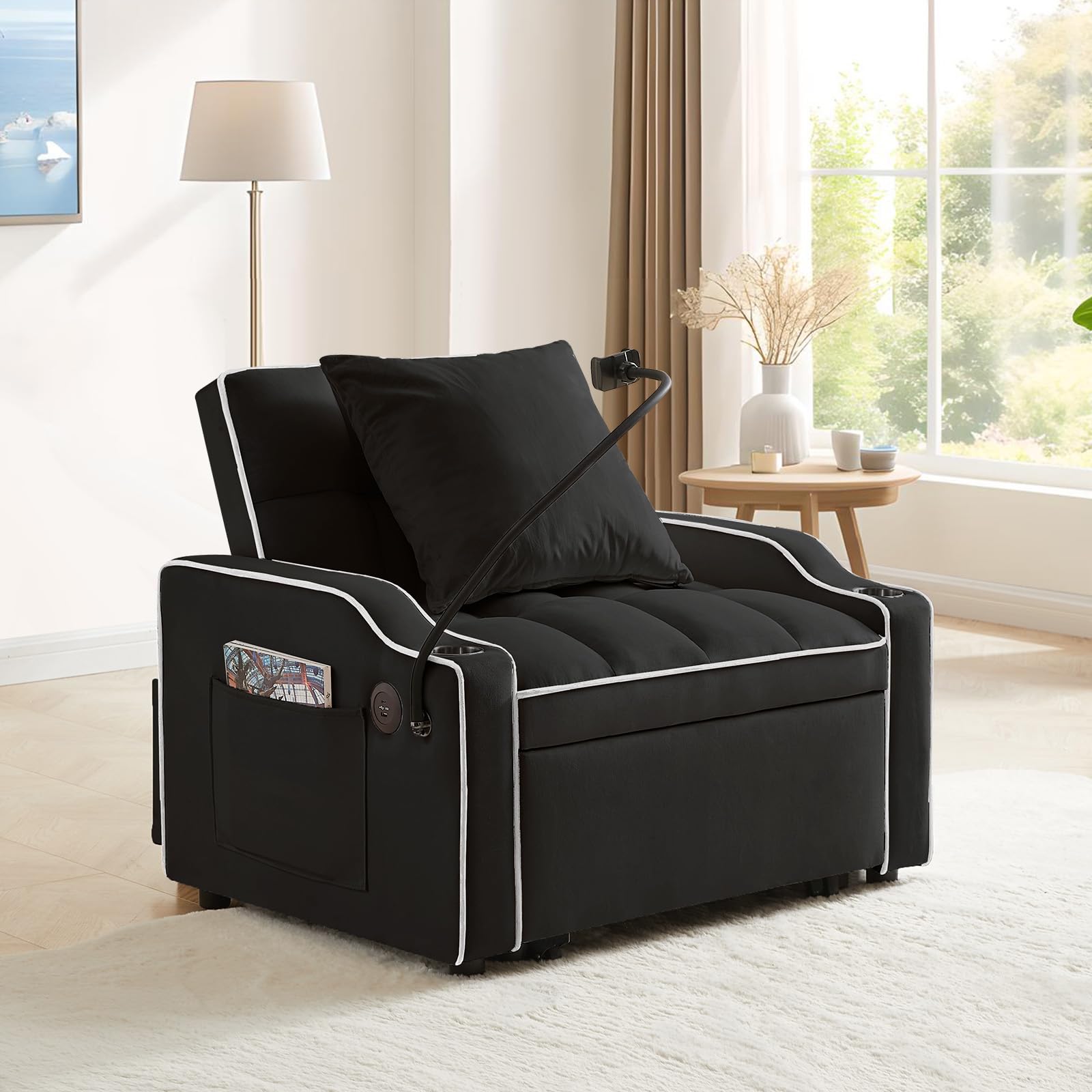 Sleeper Chair Bed,3 in 1 Velvet Convertible Single Pull Out Couch Bed with Phone Holder&USB/Type C Ports,Adjustable Backrest Chaise Lounge Armchair Sofa Bed for Living Room,Office,Small Places(Black)