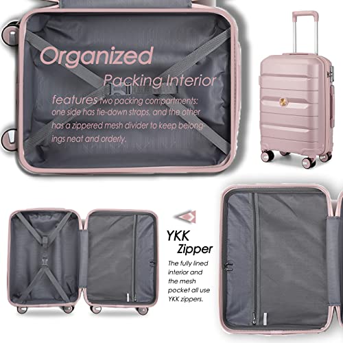 Somago 4 Pieces Luggage Set(14/20/24/28) PP Lightweight 4 Double Rolling Wheels Suitcase With TSA Lock & YKK Zipper Bussiness Trip (Rose Pink)
