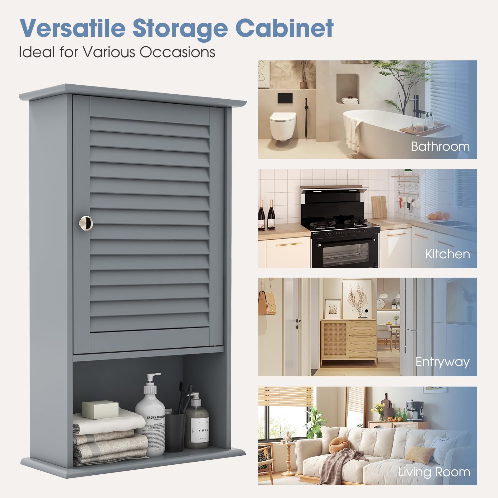Safeplus Bathroom Wall Cabinet, Medicine Cabinet with Adjustable Shelves, Ideal for Bathroom, Kitchen, Living Room (Grey, BA7597)