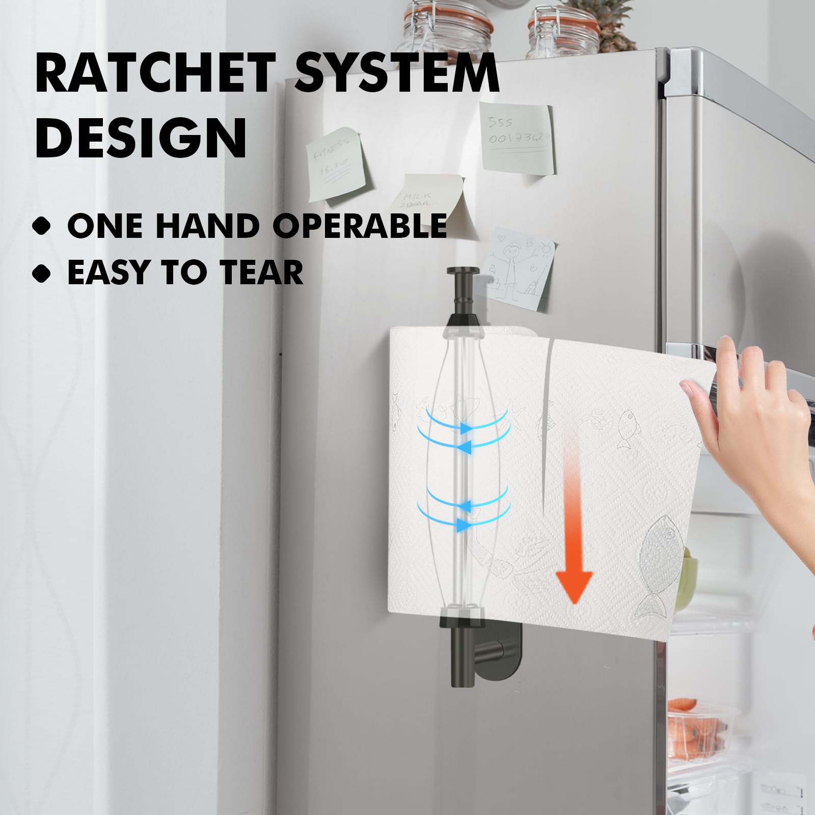 KIHOGEM Magnetic Paper Towel Holder,One Hand Operable Paper Towel Holder Wall Mount Self Adhesive and Strong Magnetic Backing for Kitchen Refrigerator Grill RV(Black)