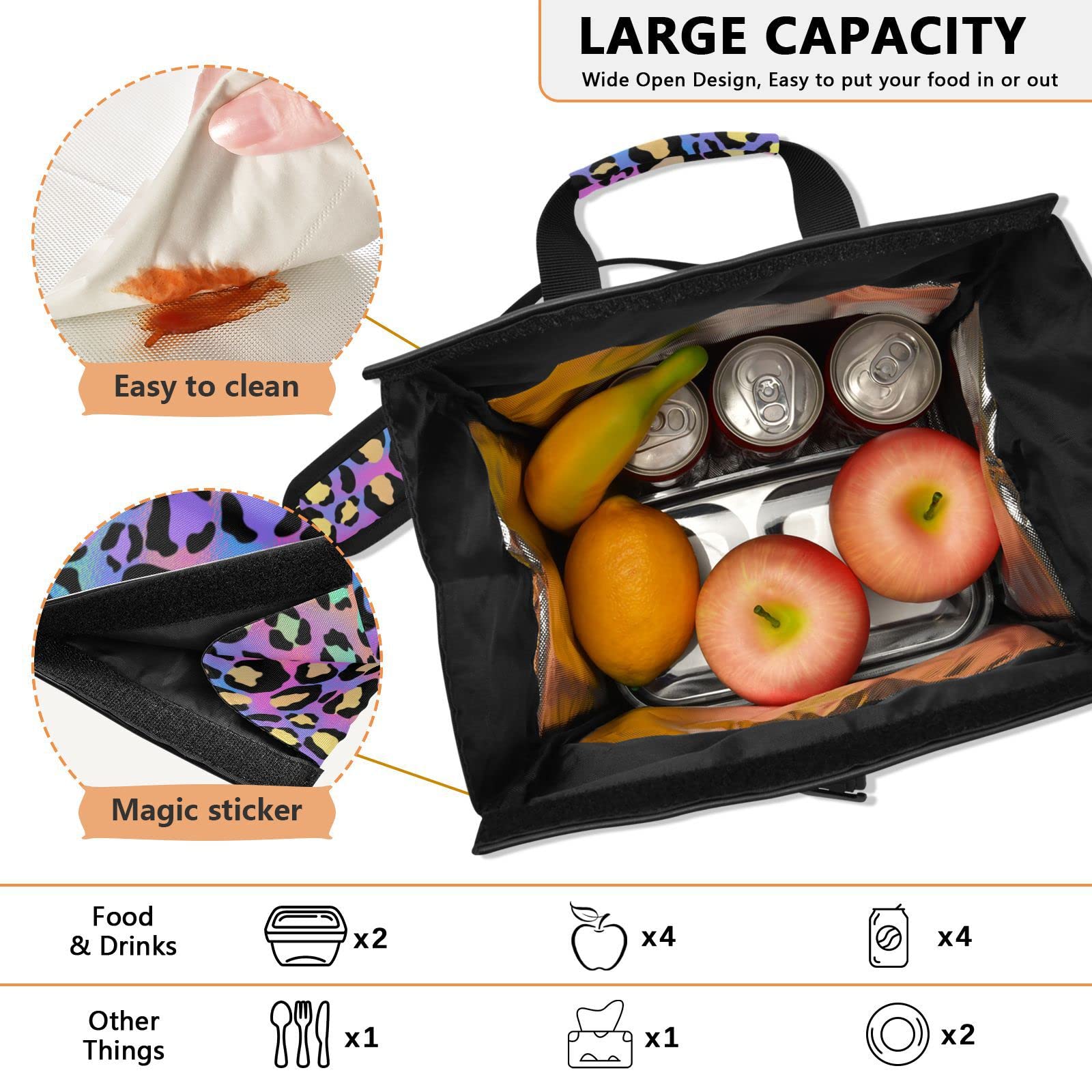 MNSRUU Insulated Lunch Bags Women Men, Rainbow Leopard Portable Reusable Thermal Meal Tote Cooler Bag Organizer, Adjustable Shoulder Strap, Handle