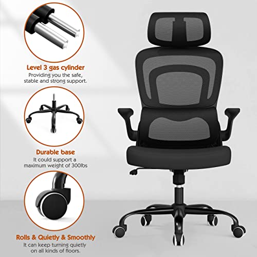 SOMEET Ergonomic Mesh Office Chair with Lumbar Support, High Back Office Chair with Flip-up Arms, Mesh Computer Gaming Chairs with Adjustable Headrest, Ergonomic Chair for Home Office Work, Black