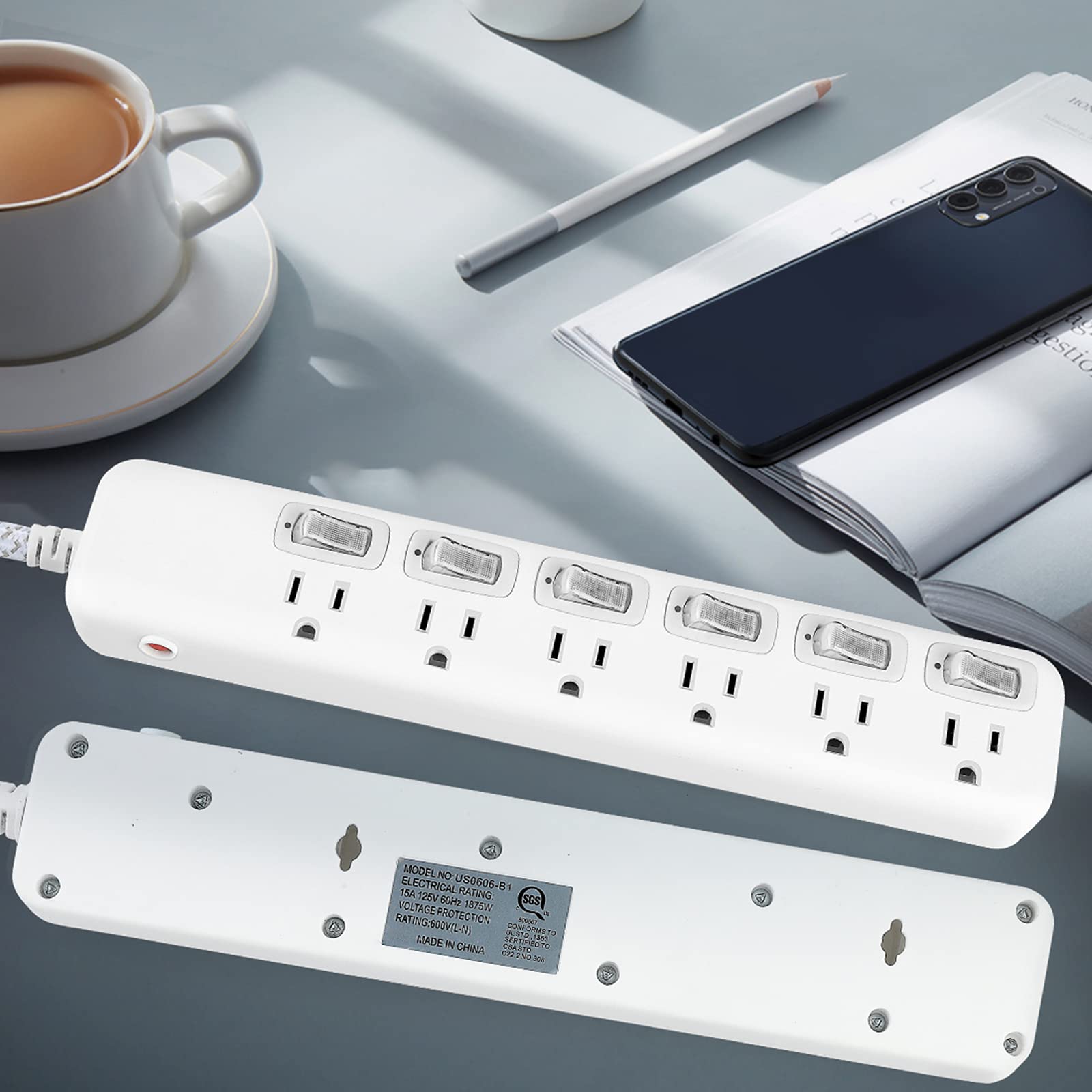 Power Strip Extension Cord 6 Ft, 6 Rotating Outlets & 4 USB Charging Ports, 1875W, 1020 J, Flat Plug Wall Mount Surge Protector Strips for Home, Office, White