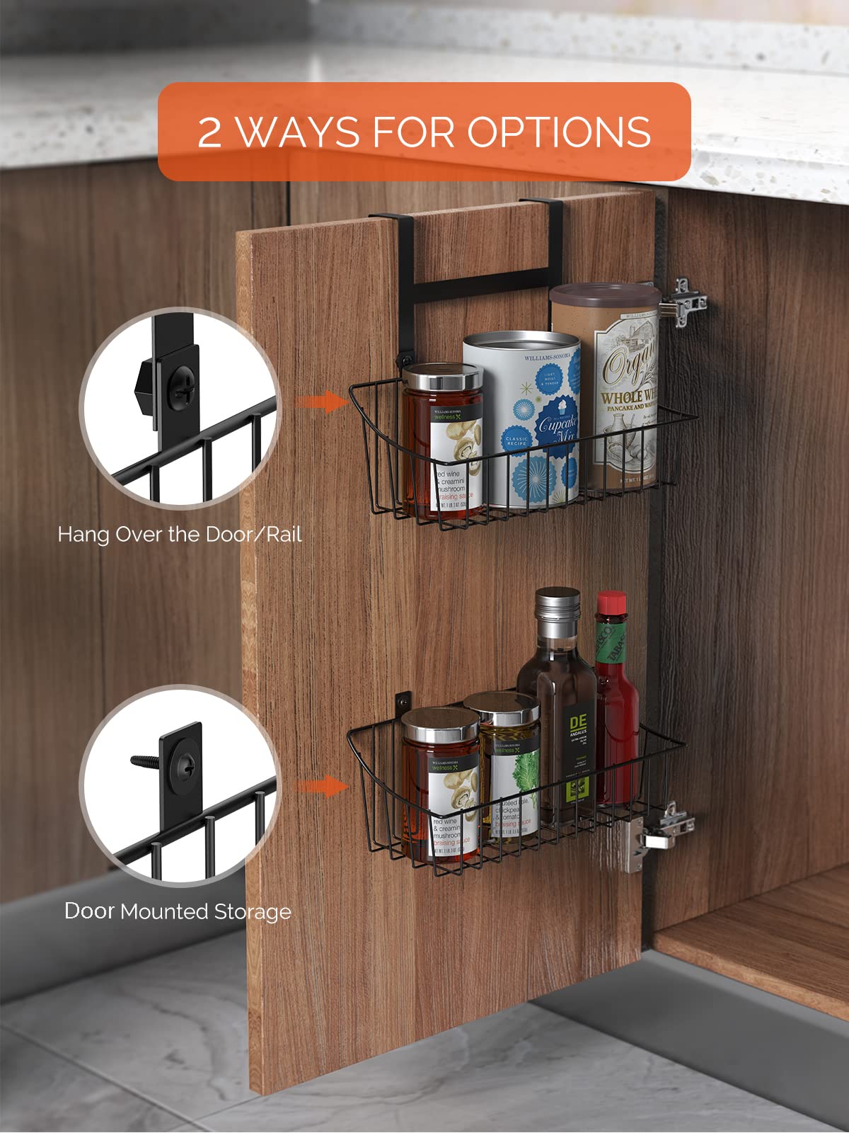 MaraFansie Grid Storage Basket, Over the Cabinet Door Organizer, Wire Hanging Basket with Hook Over the Cabinet/Railing, Under Sink Kitchen Cabinet, Pantry, Bathroom, Small, Black, 2 Pack