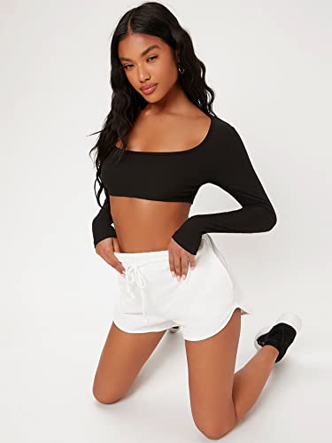 SOLY HUX Long Sleeve Crop Tops for Women Sexy Scoop Neck Rib Knitted Workout Basic Tees Slim Fitted Cropped T Shirts Solid Black M