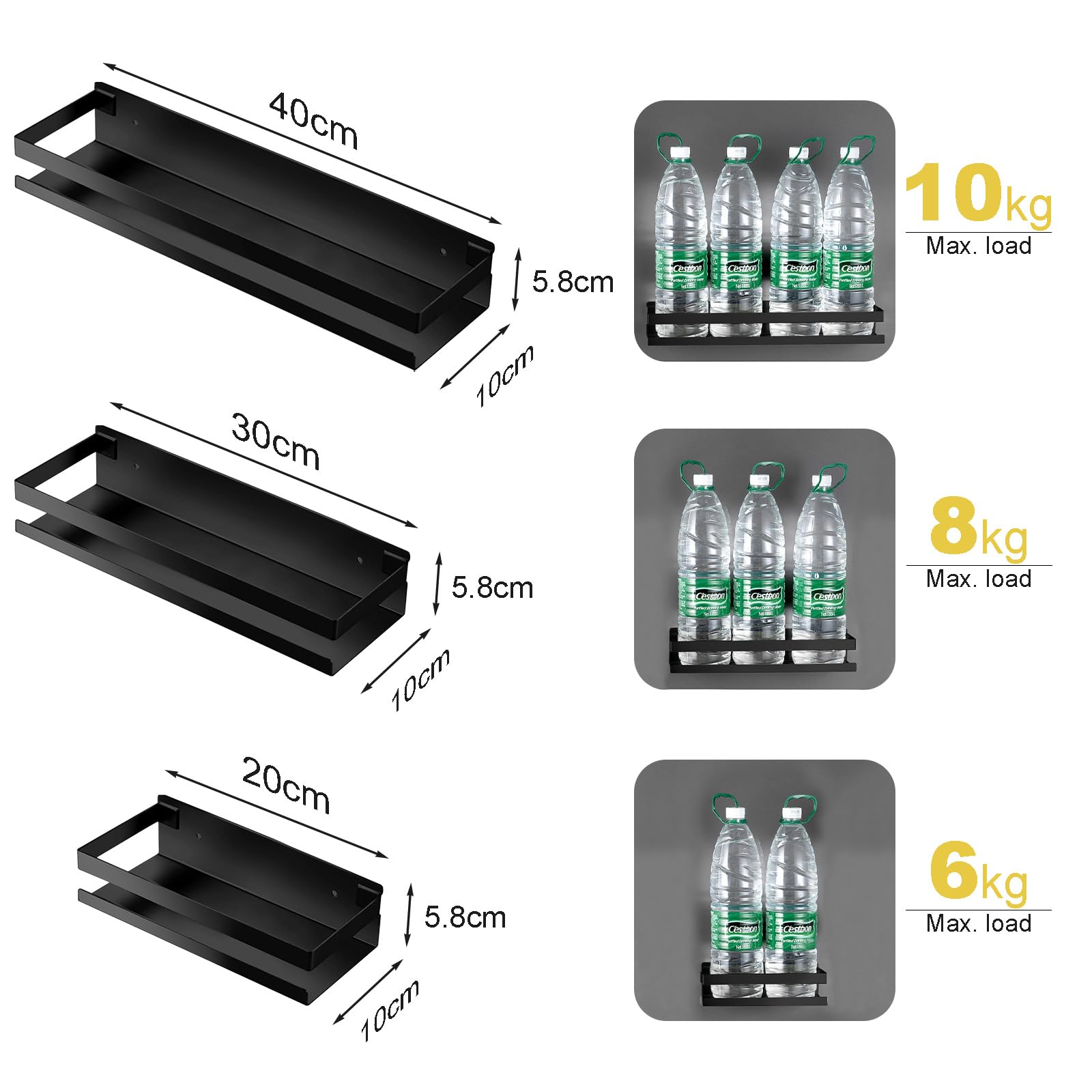YANYYGu Wall Mounted Rectangular Storage Shelf for Bathrooms, Waterproof and Rustproof Bathroom Shower Caddy, Kitchen Spice Rack, Nail-Free Installation(8 Inch Black)