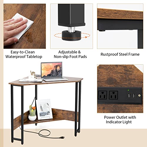 Tangkula Corner Desk with Power Outlet & USB Ports, Triangle Computer Desk with Charging Station, Storage Shelf, Space Saving Writing Desk, Vanity Table, Corner Desk for Small Space (Rustic Brown)