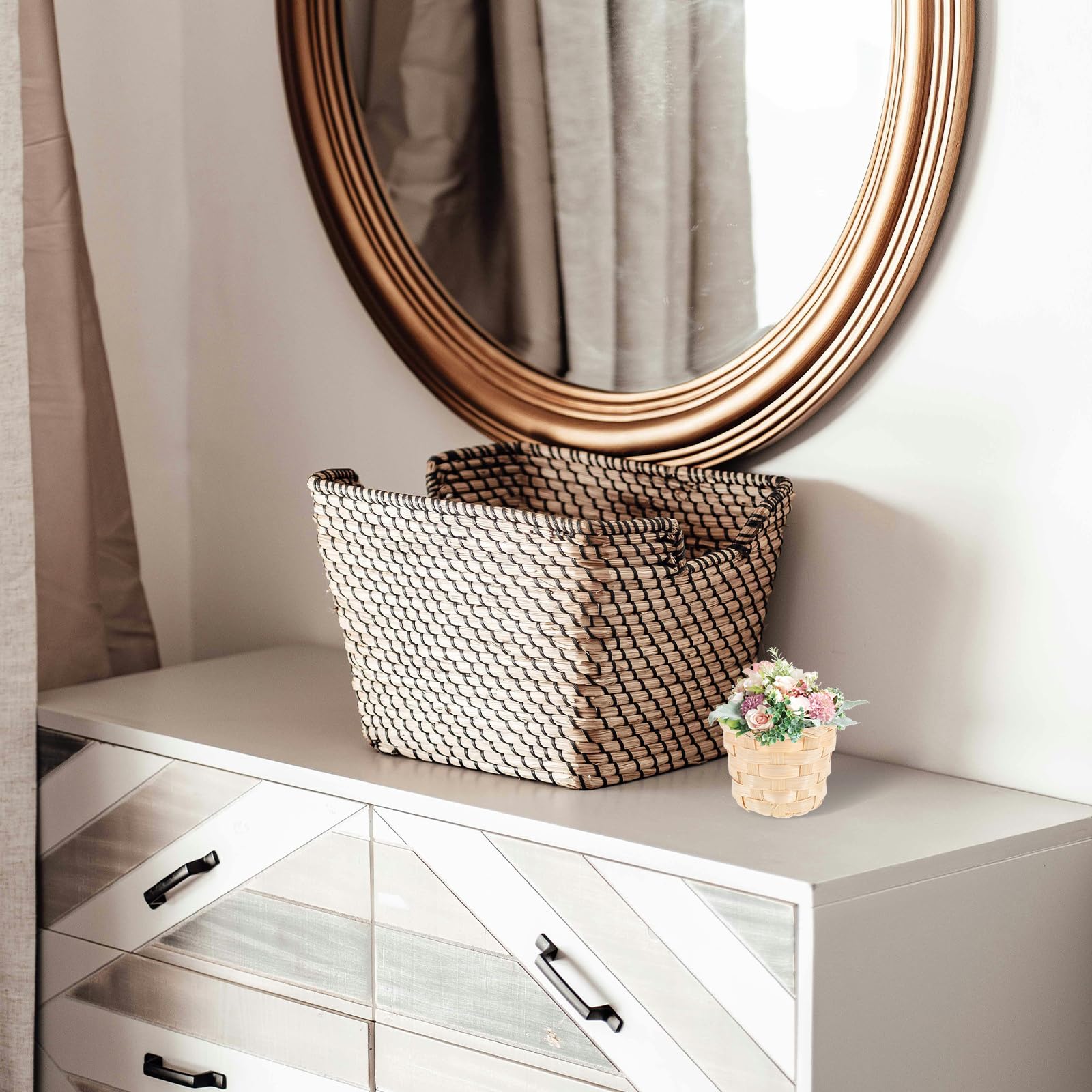 SAFIGLE Wicker Trash Can Bathroom Trash Can Bamboo Desk Paper Wastebasket Straw Basket Weaving Organizer Bamboo Storage Basket Rattan Trash Can