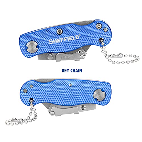 Sheffield 12116 Mini Ultimate Lock Back Utility Knife | Cut Boxes, Paper, Twine, etc. | Extra Quick-Change Blades Can Be Stored in Handle | Durable & Light Weight | Steel Blades, Aluminum Handle |Blue