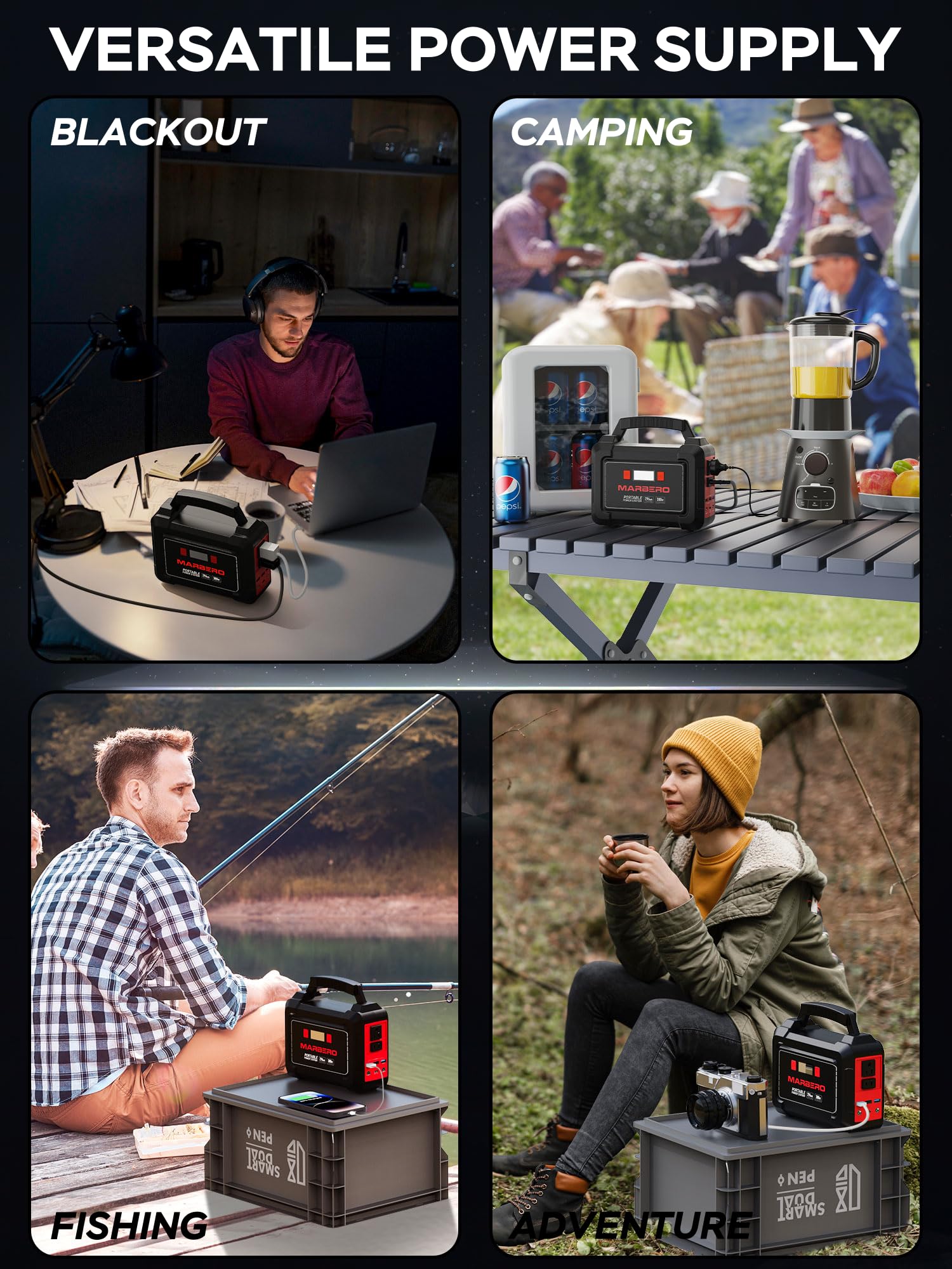 MARBERO Portable Power Station 300W Camping Solar Generators Lithium Battery 296Wh Power Supply with 110V AC Outlet, 2 DC Ports, 4 USB Ports, LED Flashlights for CPAP Home Camping Backup