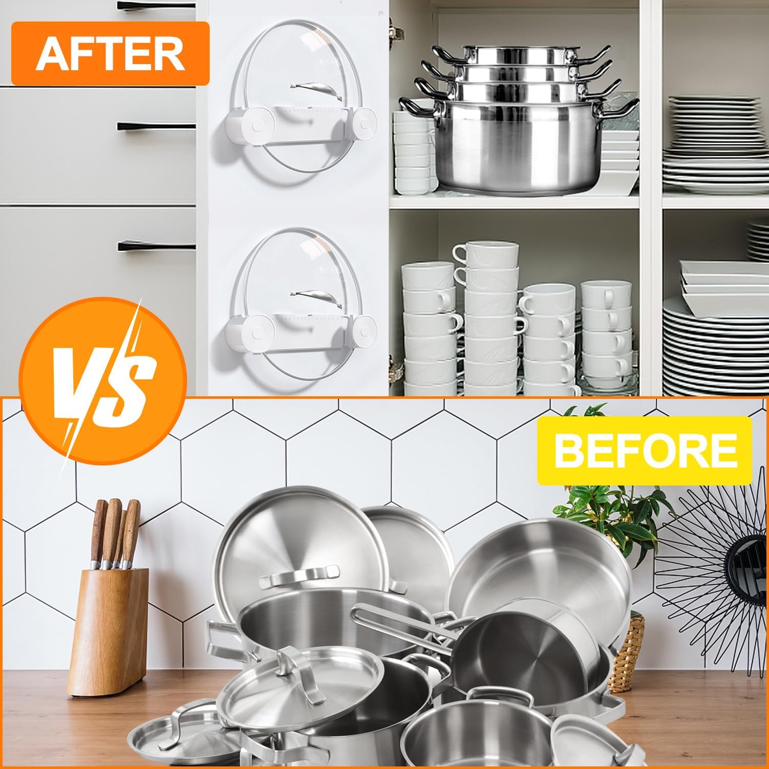 Qicaitulife 4 Pack Adjustable Pot Lid holder,Pan Cover Organizer Fits 6" to 14" lid, Adhesive Wall Mount Pots Lid Storage for Kitchen Cupboard 、Cabinet Door (white)