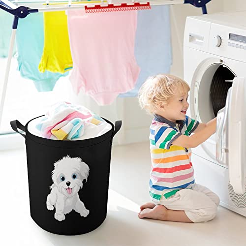 Playful Lap-Dog Laundry Basket Round Collapsible Storage Bin with Drawstring and Handle for Bedroom Bathroom Toys Room 17.3" X 13.8"
