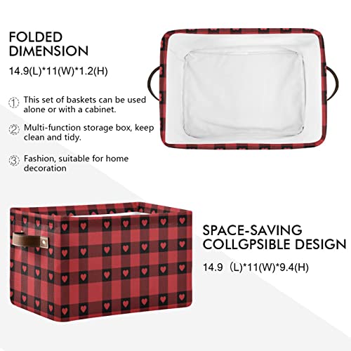 senya Valentine's Day Basket with Handles, Valentine's Day Red Buffalo Check Love Heart Foldable Fabric Collapsible Storage Bins Organizer Bag for Storage Clothes