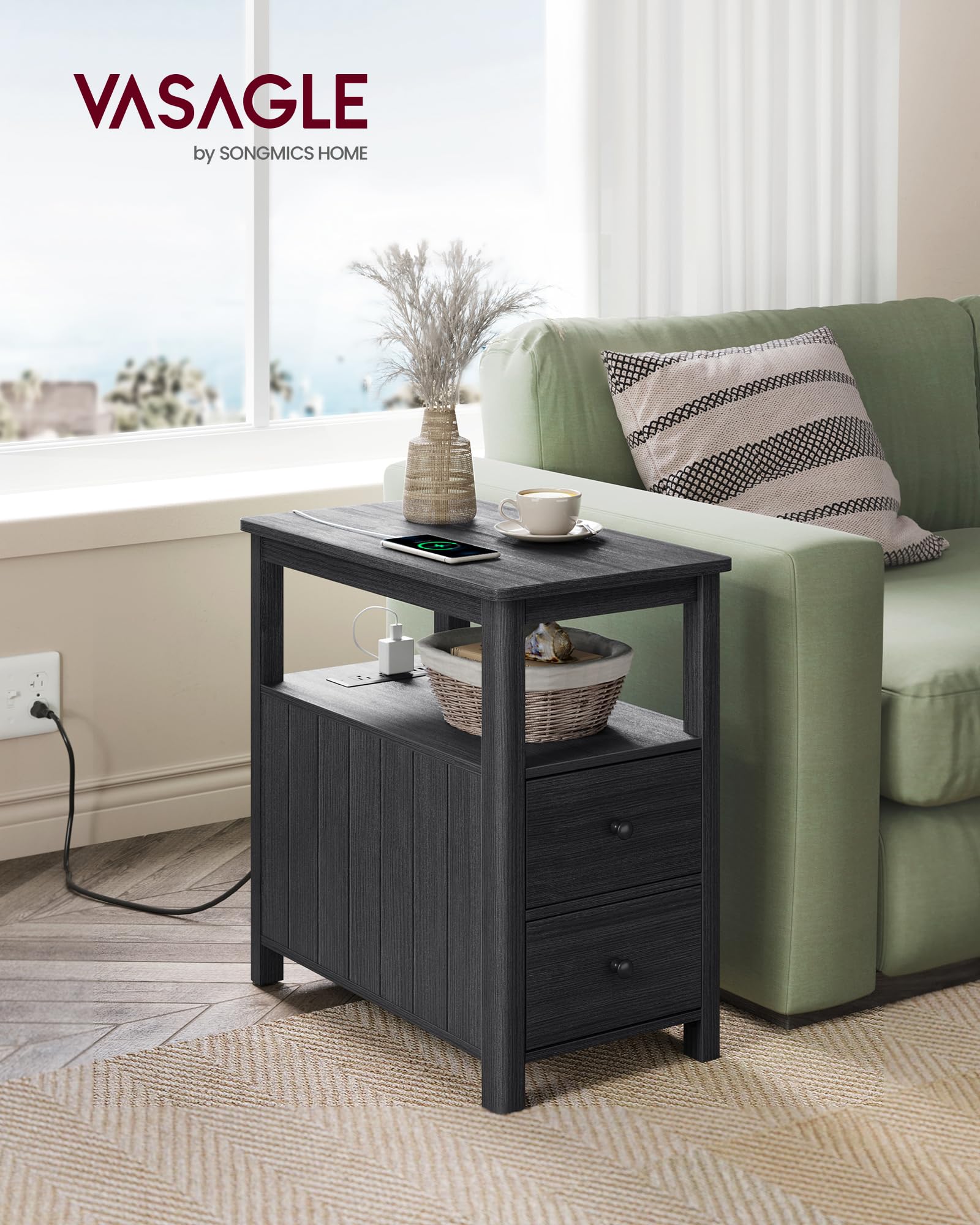 VASAGLE Side Table with Charging Station, Narrow Nightstand with 2 Drawers, Living Room End Table with Storage, for Small Spaces, Coastal Style, Vintage White and Heather Greige ULET322W73