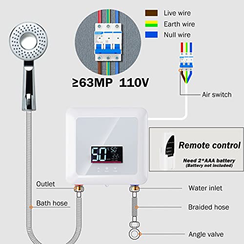Tankless Instant Hot Water Heater with Remote Control, Electric, 5500W, 110V,Constant Temperature, Digital Display for RV Home Kitchen Indoor(White)(Can't Use Socket)