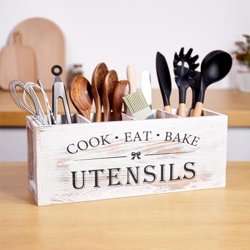 WDT Tool Utensil holder for Kitchen Counter Large Round Utensils Holder with Wooden Base Matte Black Cooking Utensil Holder,Kitchen countertop Utensil Organize (White-4 Compartments)