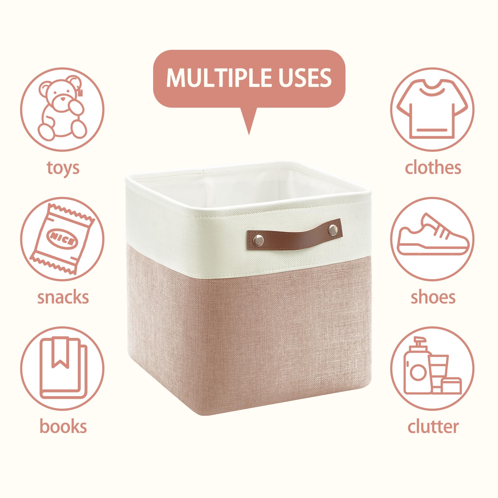 Patvingot Collapsible Fabric Cube Storage Bins 11x11×11, Pack of 6 Closet Basket Boxes with PU Handles for Organizing Shelves, Toys, Clothes, Home, Office,Laundry,Office(White&Pink)