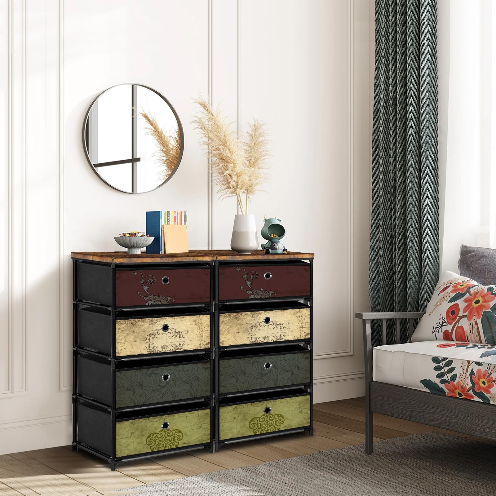 VASICAR Set of 2 Nightstands with 4 Drawers, Beside Table, Clothes Organizer, Storage Tower Unit, Small Fabric Dresser for Bedroom, Living Room, Closet, Entryway, Hallway, Nursery