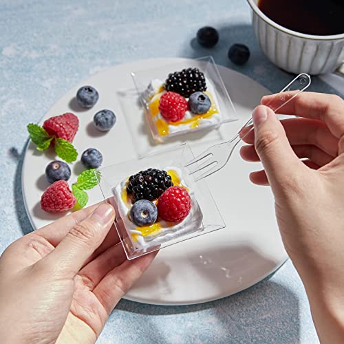 Zezzxu 100 Pack 1 oz Mini Dessert Plates with Spoons Reusable Plastic Appetizer Trays Square Small Party Serving Bowls for Trifle, Cheesecake, Chocolate Truffles, Ice cream