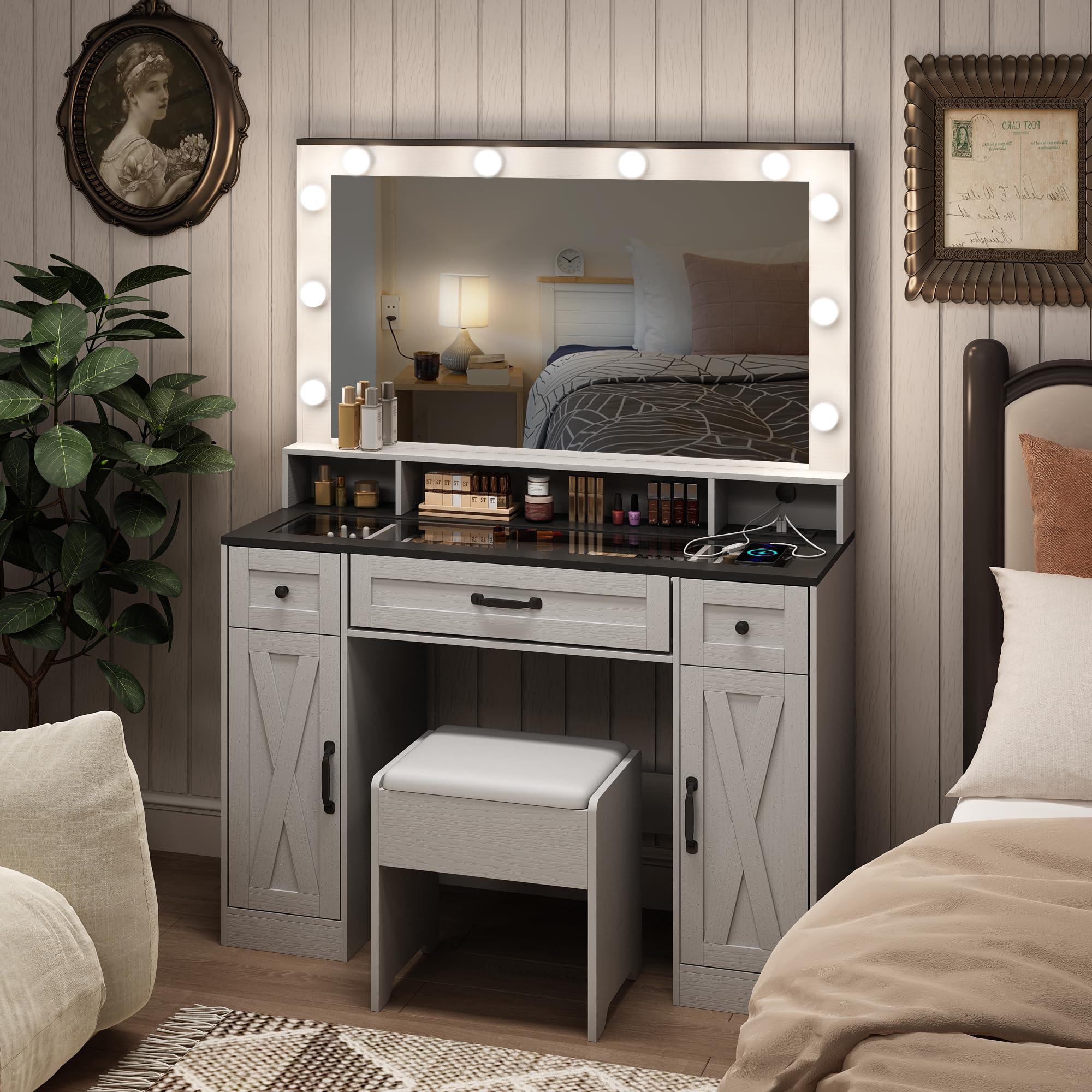 Vabches Vanity Desk with Mirror and Lights,Glass Top,Makeup Vanity Table Set with Stool,Charging Station and 3 Lighting Modes,2 Cabinets 4 Drawers Dressing Table,White