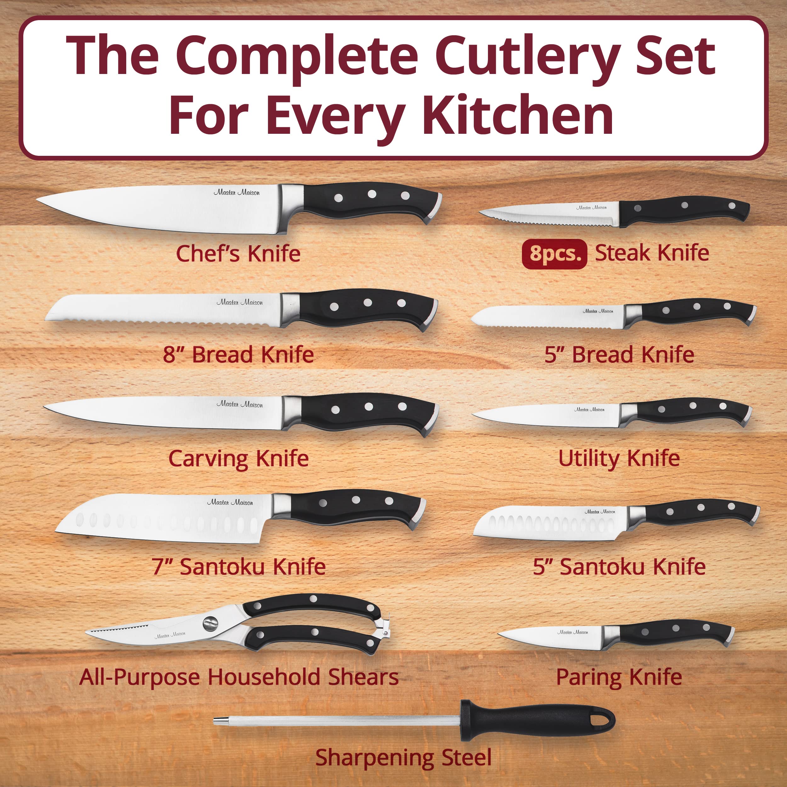 Master Maison Gray Kitchen Knife Set With Knife Block & Bonus Cleaver | German Stainless Steel Knives With Knife Sharpener & 8 Steak Knives | Butcher Block Knife Sets For Kitchen