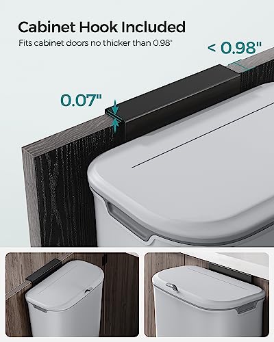 SONGMICS Hanging Trash Can, 2.4-Gallon Kitchen Trash Can with Lid for Food Waste, Wall Mounted Trash Can, Hanging or Sticking on Cupboard Door, for Kitchen Cabinet, Under Sink, Gray ULTB820G9