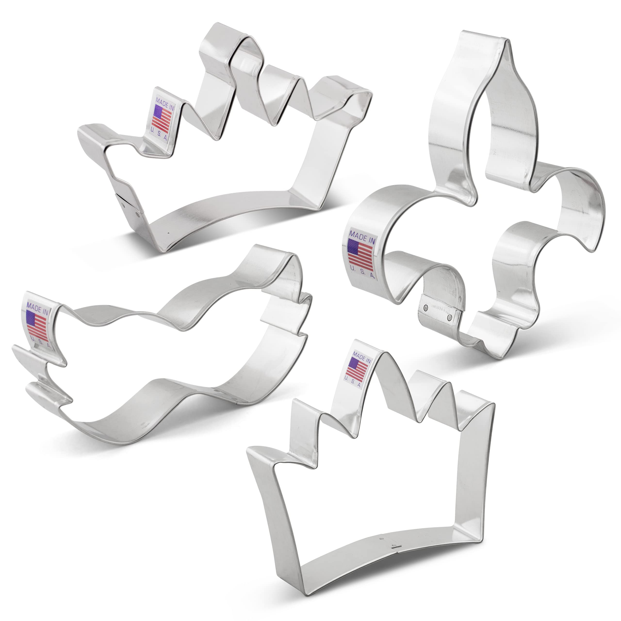 Mardi Gras New Orleans Cookie Cutters 4-Pc. Set Made in the USA by Ann Clark, King Crown, Princess Crown, Mask, Fleur de Lis