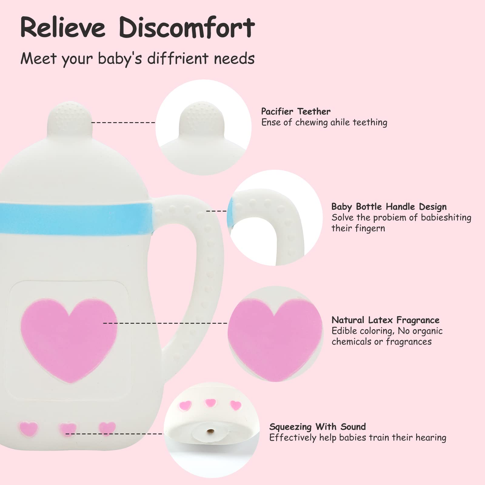 RidiBaby Baby Bottle Teether- Natural Latex Teething Toy for Babies 0-6 Months Soothing Relief- Safe Alternative to Pacifiers, Built-in Whistle with Easy to Hold Handles.