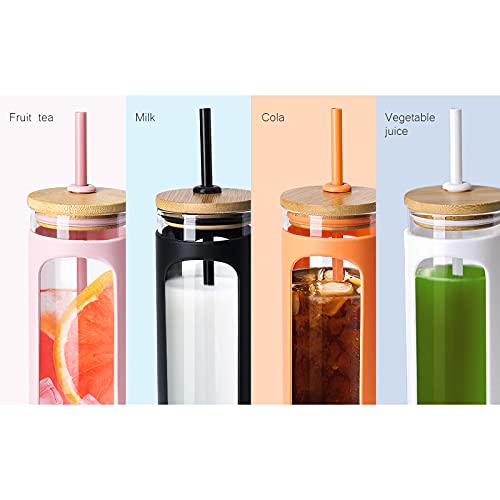 Kodrine 20oz Glass Water Tumbler with Straw and Lid,Bamboo Lids Water Bottle, Iced Coffee Cup Reusable, Wide Mouth Smoothie Cups, Straw Silicone Protective Sleeve BPA FREE-White