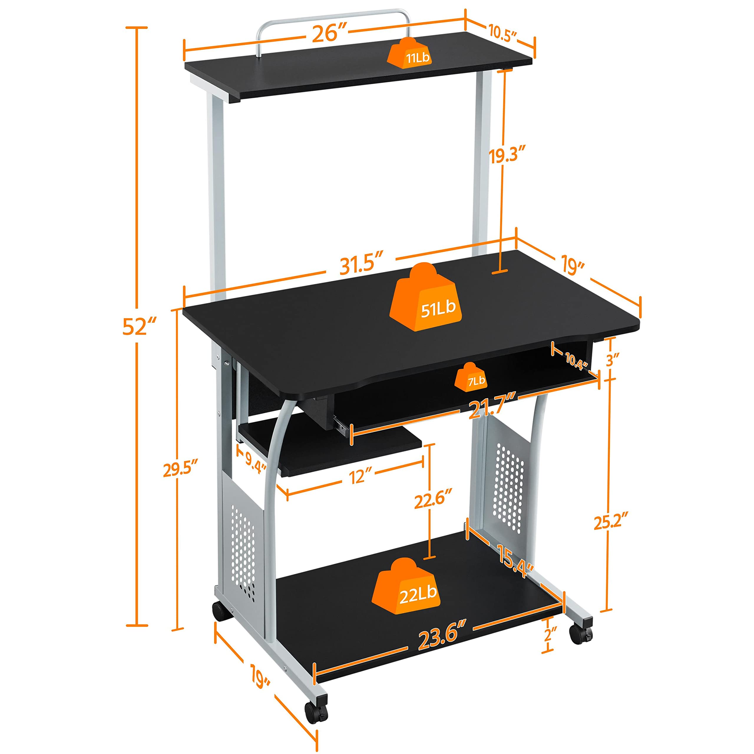 Yaheetech 3 Tiers Mobile Computer Desk with Printer Shelf & Keyboard Tray Rolling Computer Desk for Small Spaces, Compact Study Desk Workstation with Wheels, Space Saving, Black