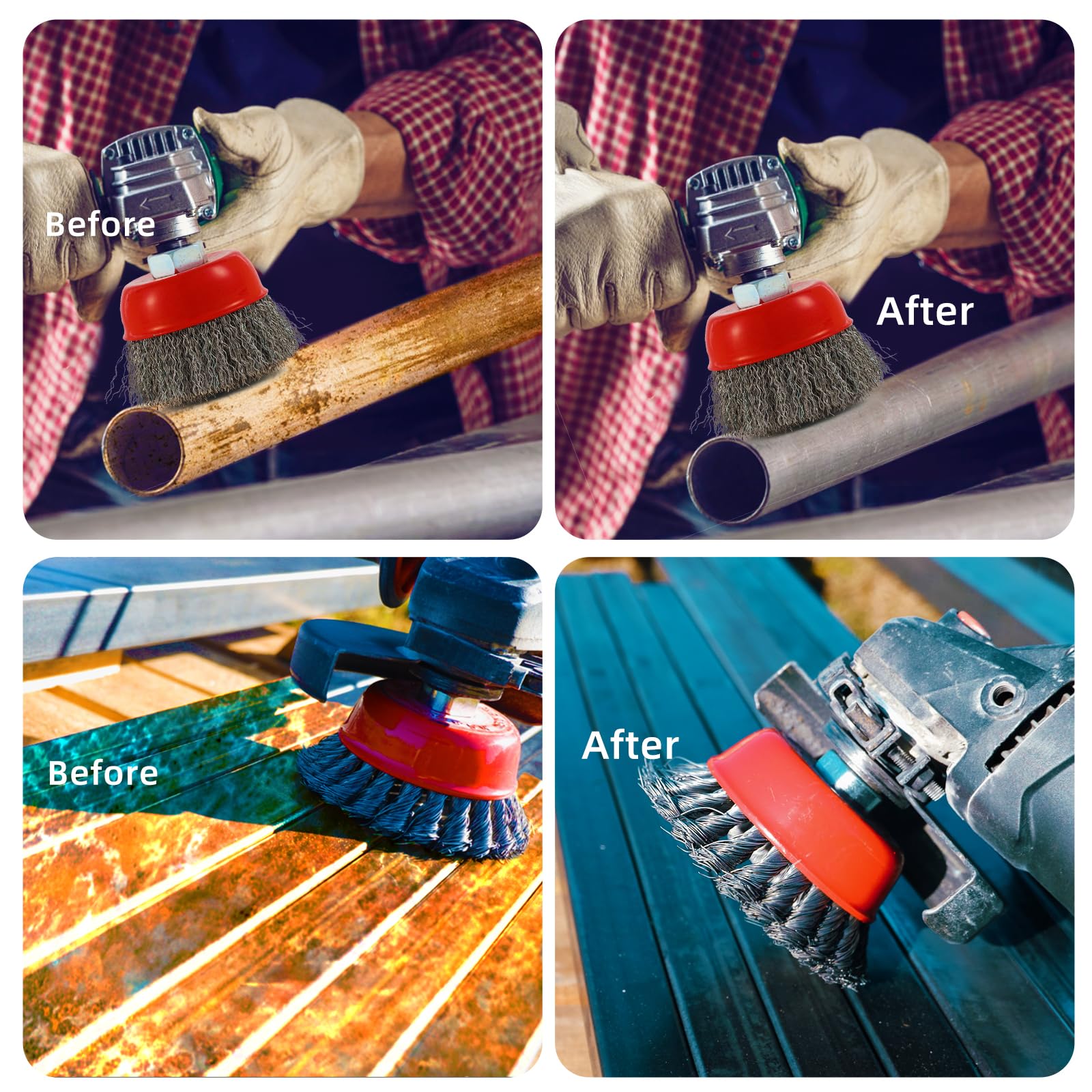 Wire Cup Brush Set Packaged with 4 different Wire Wheel Brushes for Angle Grinder 4 1/2 Angle Grinder and 5/8”-11 Thread Arbor(4 Packs )