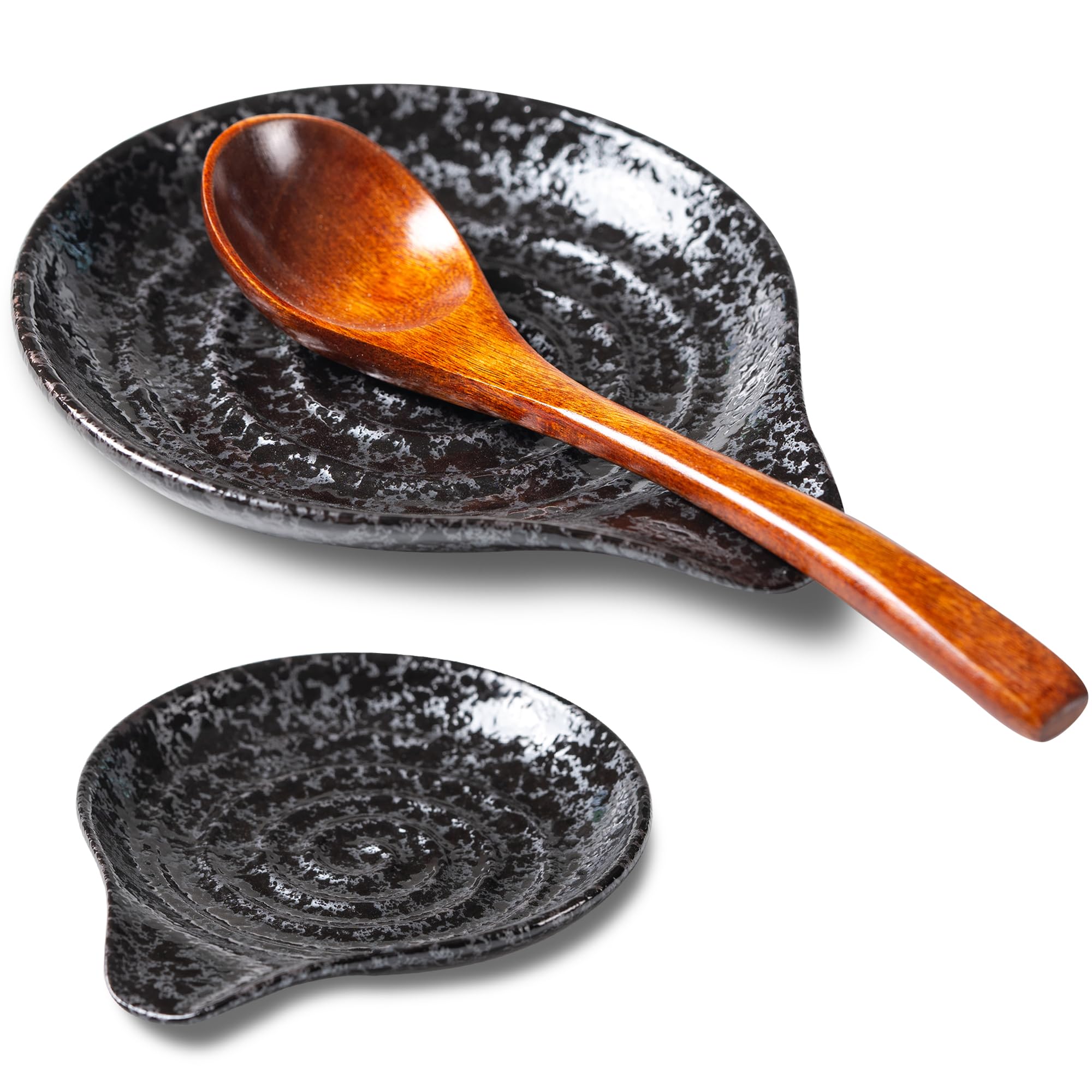 Spoon Rest, Ceramic Utensil Spoon Spatula Ladle Holder, 6 Inches Spoon Holder for Countertop, Coffee Bar Accessories Dishwasher Safe, Large Utensil Rest for Kitchen Counter Splash Black(L)