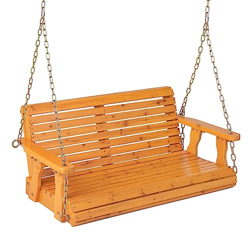 Tangkula 2 Person Hanging Porch Swing, Outdoor Bench Swing with Adjustable Chains, High Back, Cozy Armrests, Wooden Tree Swing Chair for Patio Backyard Deck Garden (Natural)