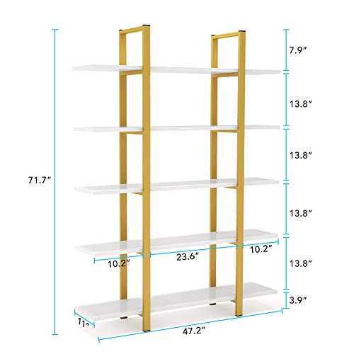 Tribesigns 5-Tier Bookshelf, Vintage Industrial Style Bookcase 70 ‘’ H x 12’’ W x 47’’L, Gold