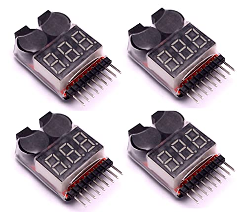 Readytosky Lipo Battery Checker RC Battery Low Voltage Buzzer Alarm Voltage Tester Monitor for 1-8S Lipo Life LiMn Li-ion Battery(4PCS)