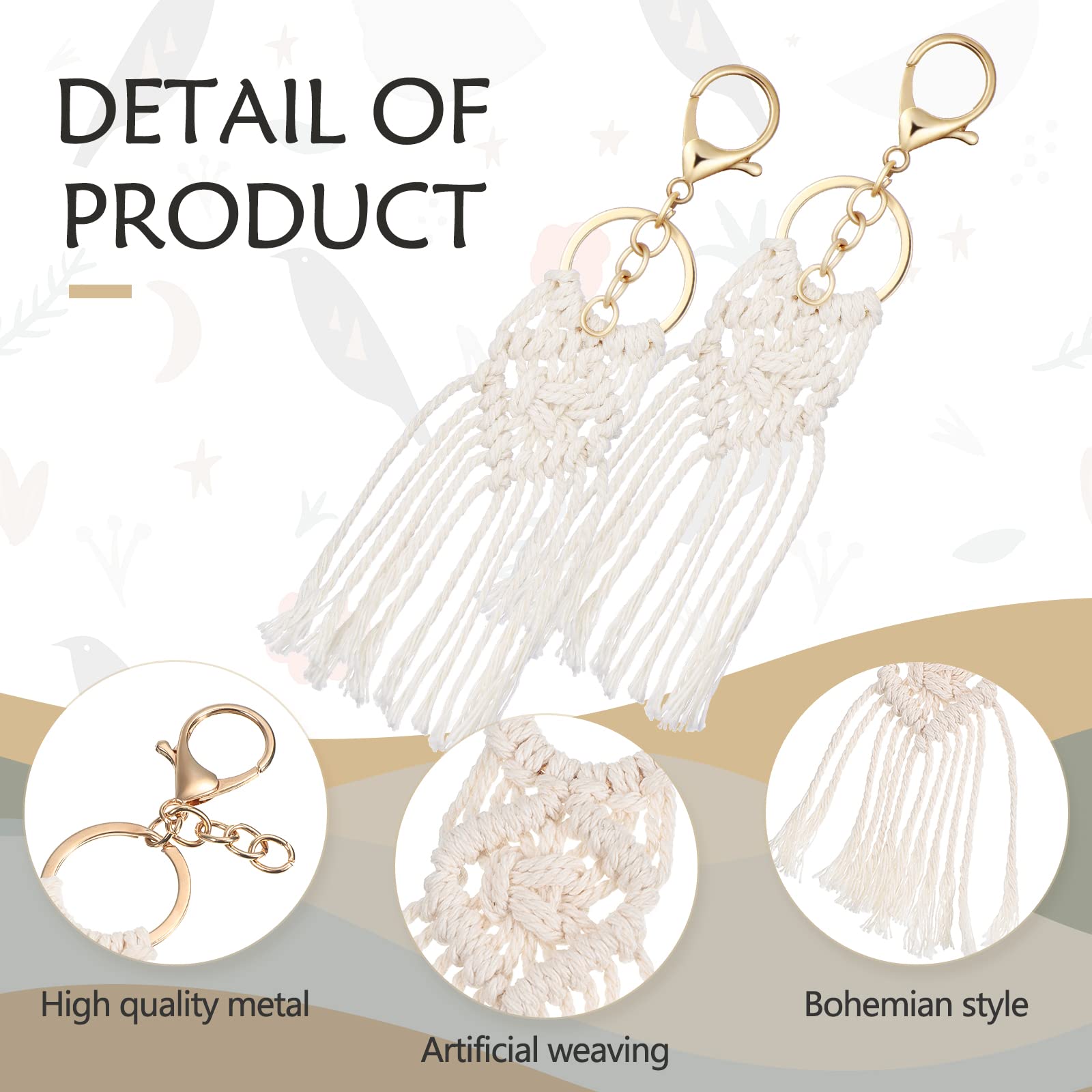 Herdear 12 Pieces Mini Macrame Keychains Boho Macrame Bag Charms Aesthetic Keychain Cute Handcrafted Keychain Bohemian Keychains for Women Bridesmaid Gift Car Key Purse Phone Supplies, Beige
