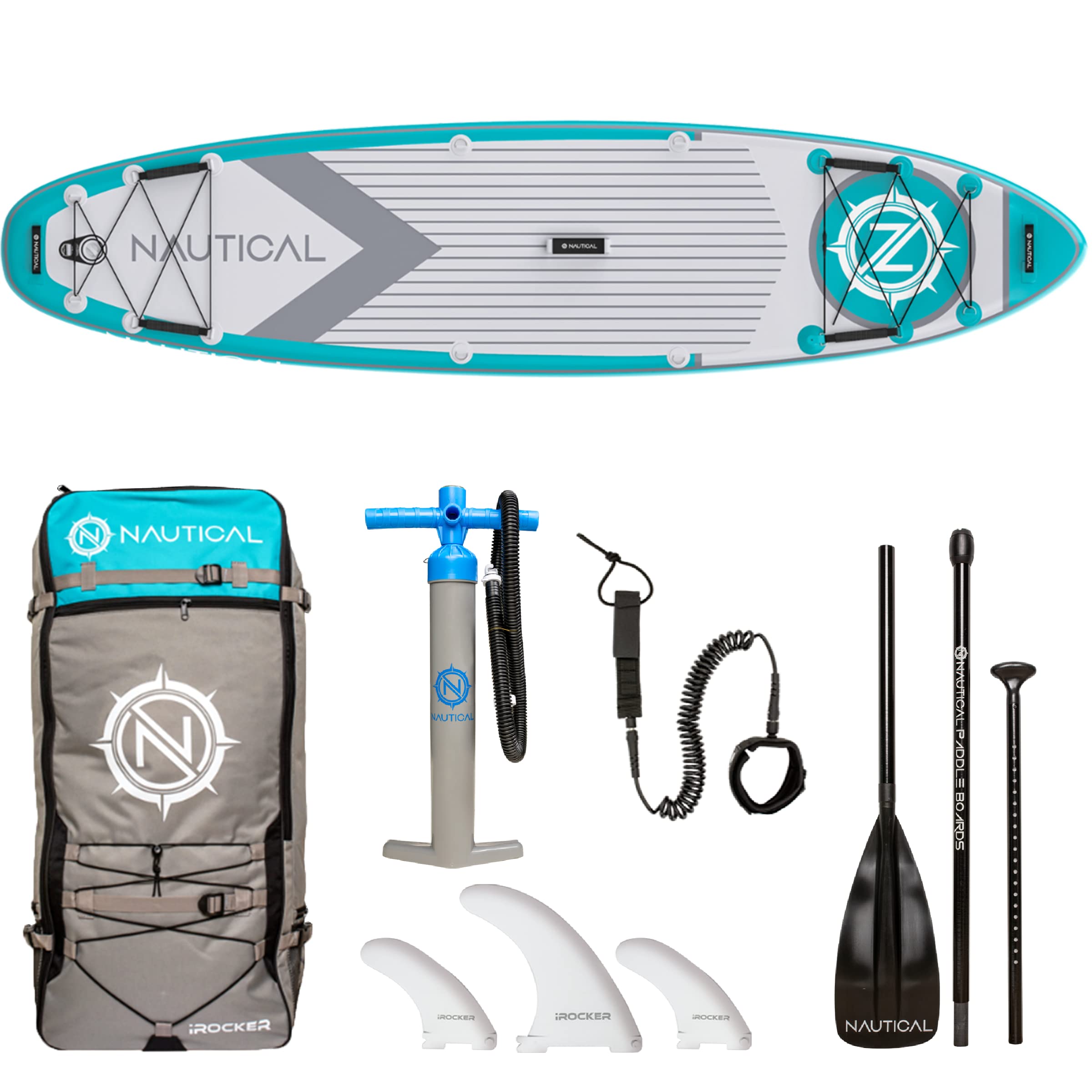 iROCKER Nautical Inflatable Stand Up Paddle Board, Superb Maneuverability 11' Long 32" Wide 6" SUP with Premium Bag, Adjustable Paddle, Pump, Leash, Fins & Repair Kit, Teal