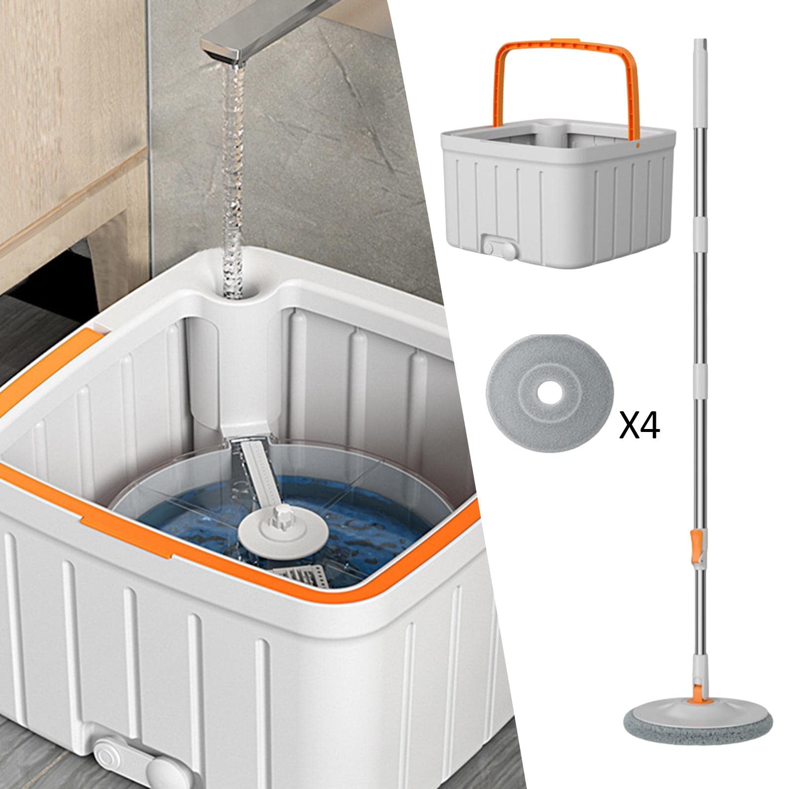 KLKCMS Rotatable Round Flat Floor Mop Bucket Set Rotating Mop Durable Telescopic Mop Handle Extends from 102cm to 128cm for Hardwood Professional, with 4 Pads
