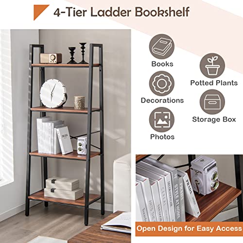 Tangkula 4-Tier Ladder Bookshelf, Freestanding Open Bookcase with Metal Frame & Anti-toppling Device, Industrial Wooden Storage Display Shelf Plant Stand for Living Room Study Balcony (2, 4-Tier)