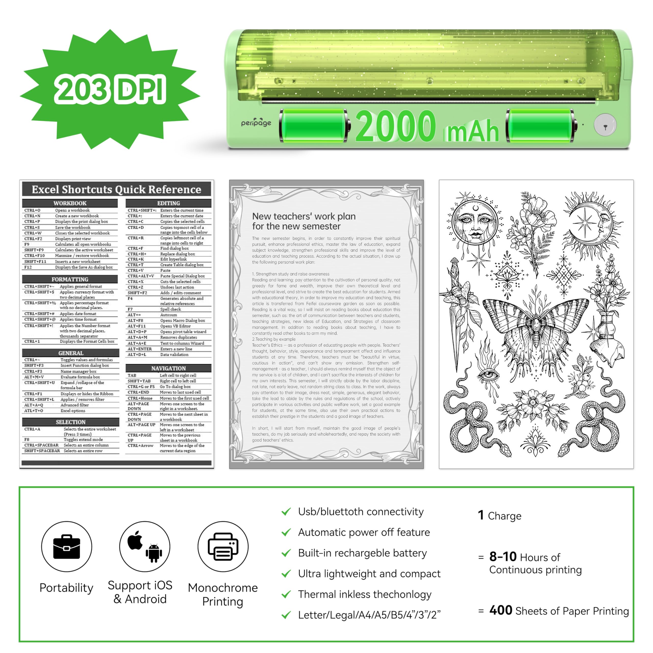 PeriPage P80 Portable Printer,Thermal Wireless Bluetooth Printer Support 8.5" X 11" US Letter & Legal,A4 Thermal Paper, Inkless Printer Compatible with iOS, Android Phone,Laptops (Green 203dpi)