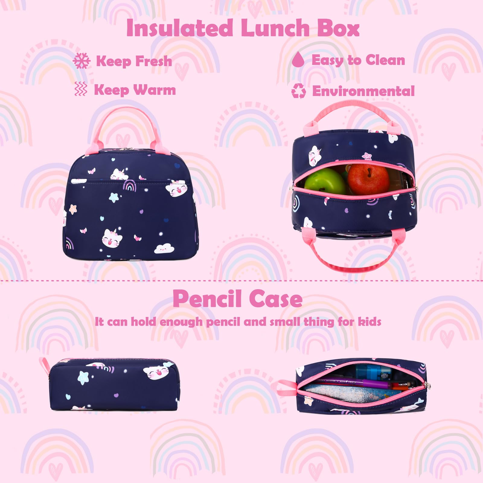 Kimwadalh Girls Backpack Set for School, Cute Rabbit School Backpack with Lunch Box Pencil Case & Chest Strap for Preschool Elementary