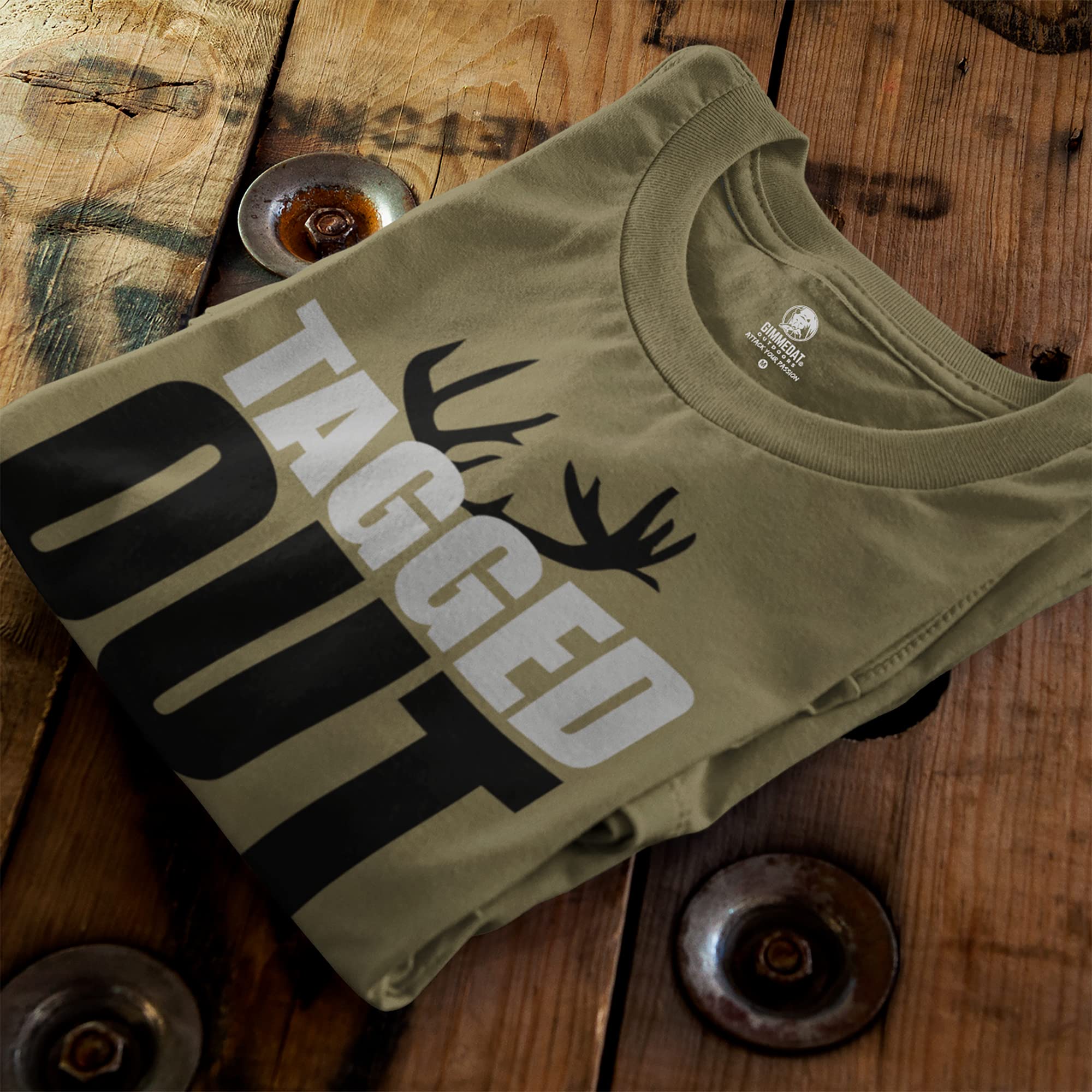 GIMMEDAT Deer Hunting Shirt The Original Tagged Out Short Sleeve Soft Gift (X-Large) Tan