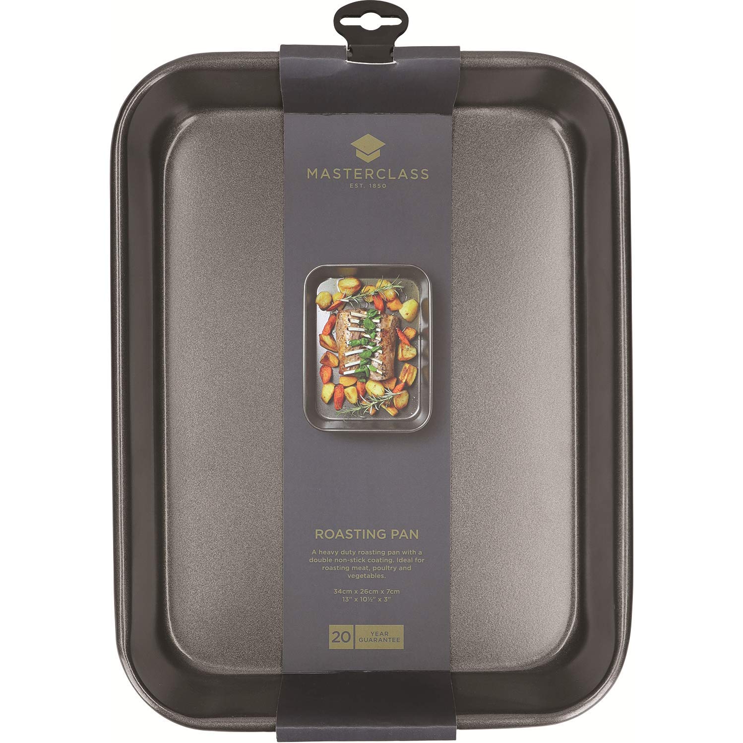 MasterClass KCMCHB2 Deep Roasting Tin, 34 x 26cm Roaster with PFOA Free Non Stick, Robust 1mm Carbon Steel, Grey